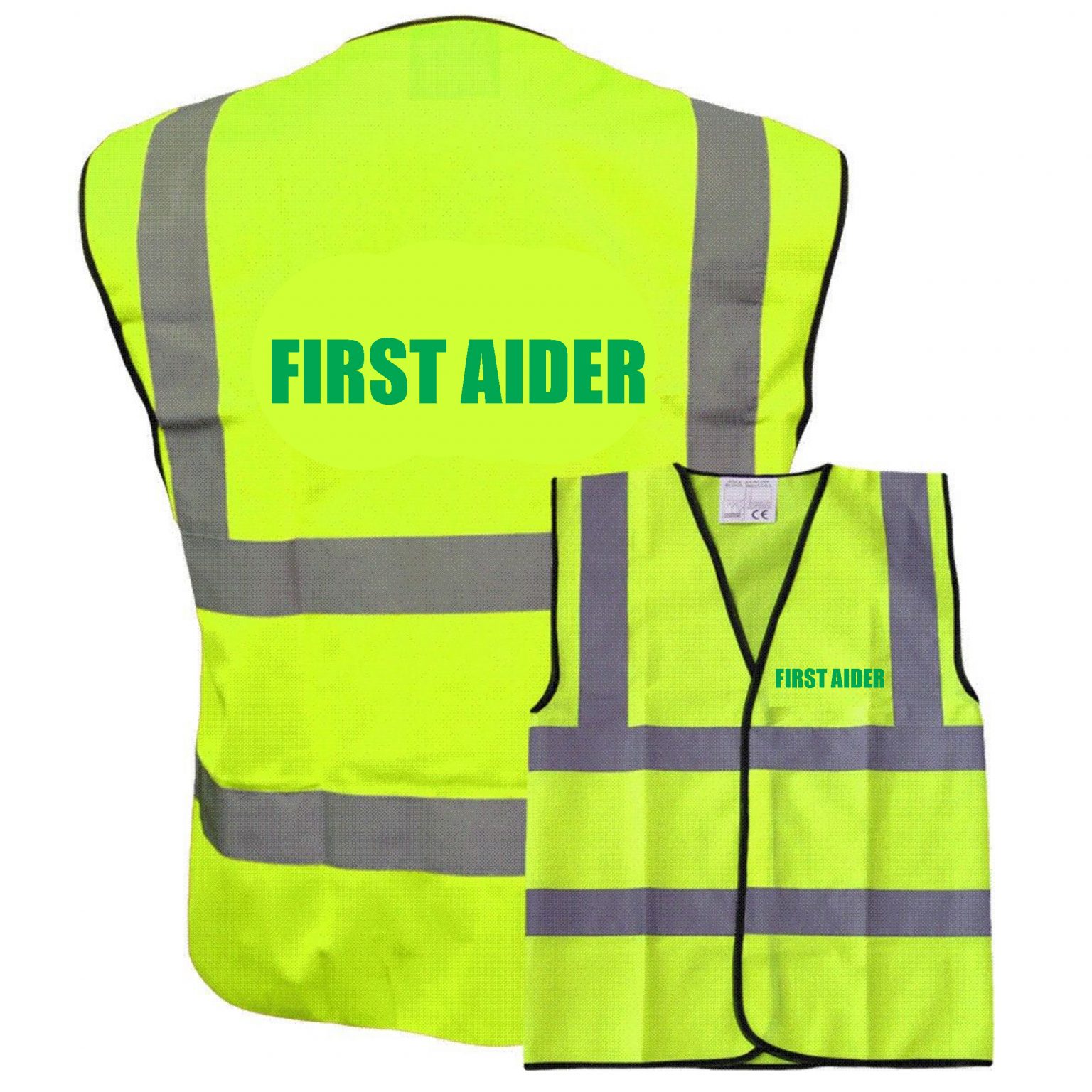 First Aider Printed Green TEXT - Yellow Hi Vis Safety Vest / Waistcoat ...