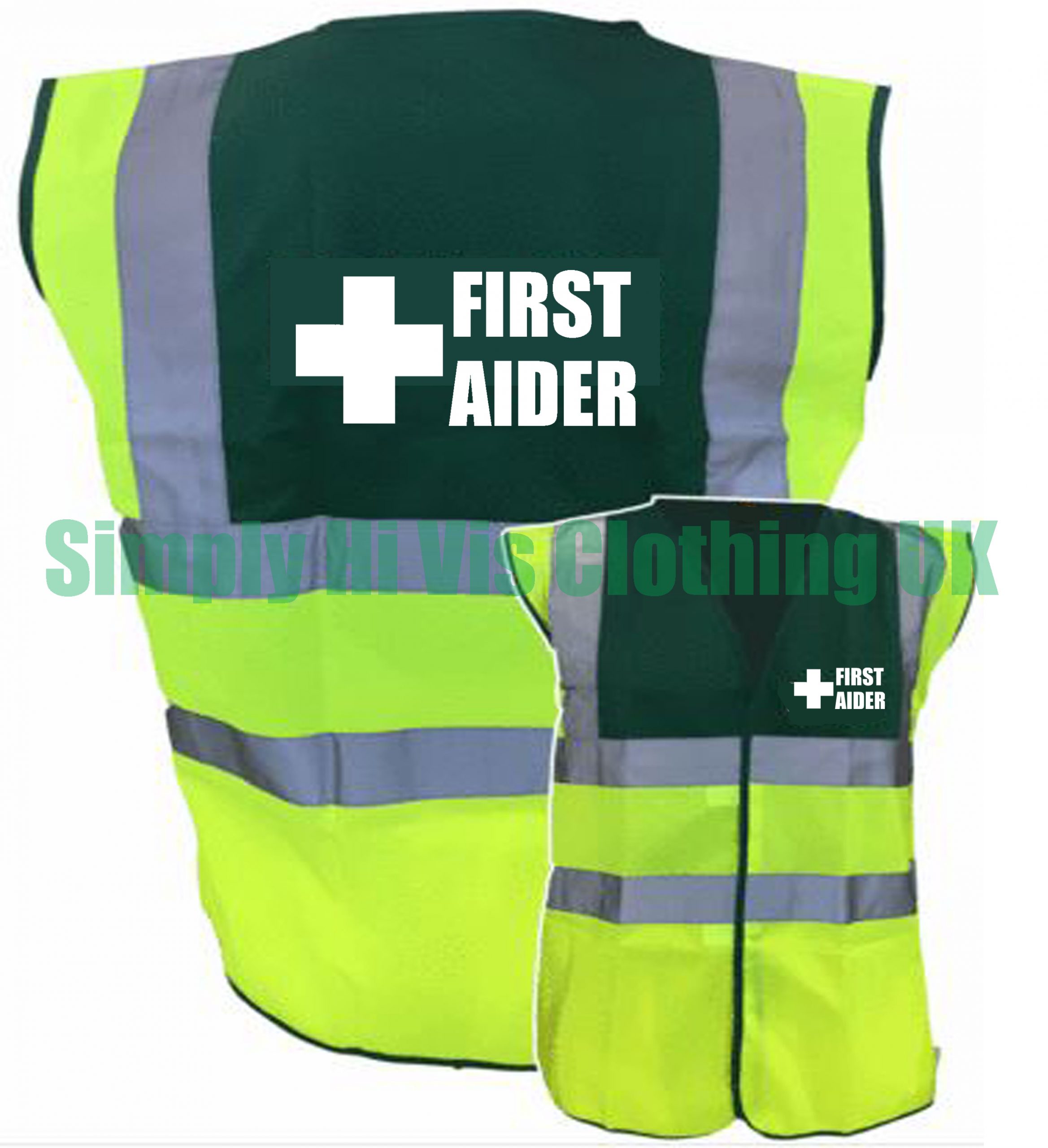 Hi Vis First Aider Pre Printed Green / Yellow Two Tone Hi Viz Safety Vest / Waistcoat - Simply ...