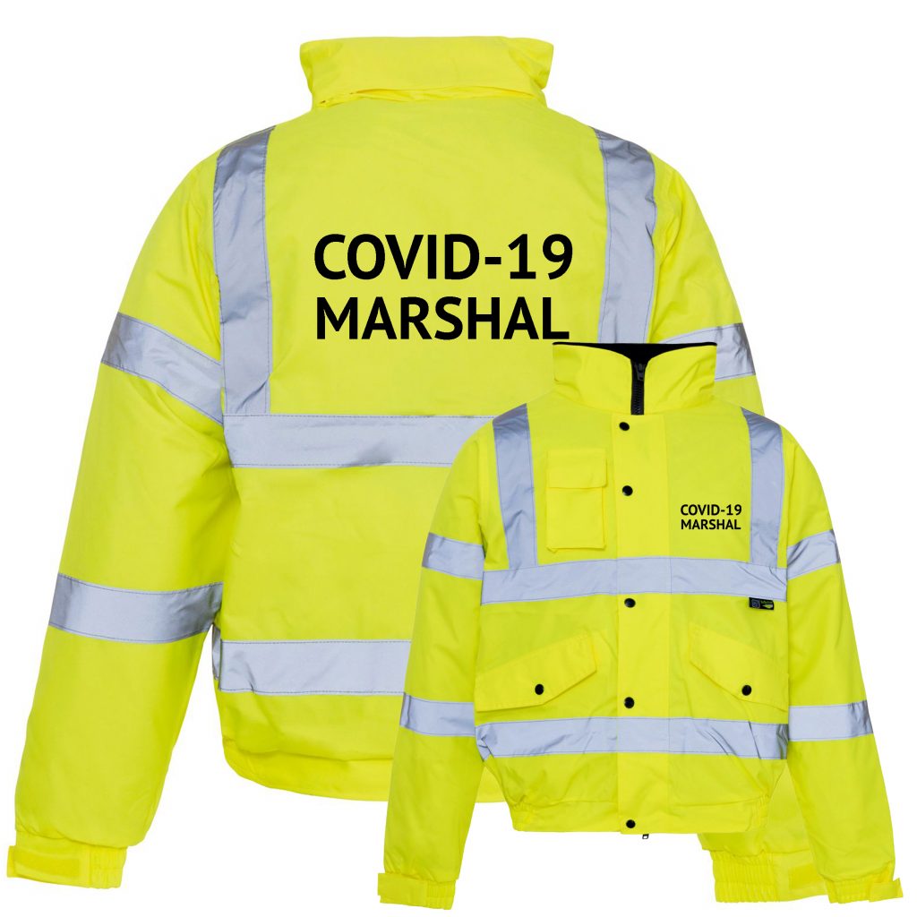COVID-19 MARSHAL Hi Vis Waterproof Bomber Jacket Yellow & Orange ...